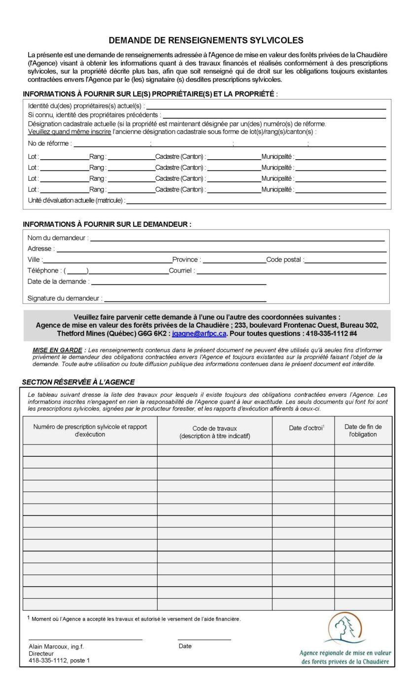 Demande de renseignements sylvicoles - Agence des forêts (ARFPC)